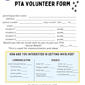 Customizable Canva PTO PTA Volunteer Form Flyer Template Digital ...