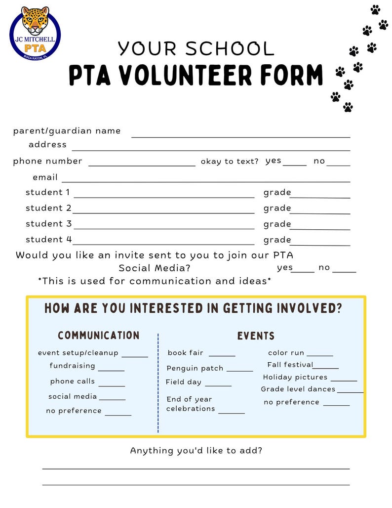 Customizable Canva PTO PTA Volunteer Form Flyer Template Digital ...