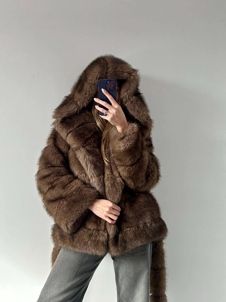 Hooded Brown Faux Sable Fur Coat, Soft Vegan Fur Jacket, Belted Winter ...