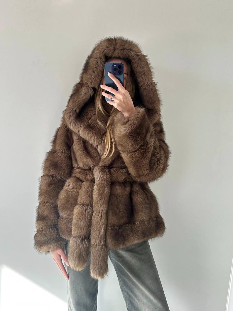 Hooded Brown Faux Sable Fur Coat, Soft Vegan Fur Jacket, Belted Winter ...