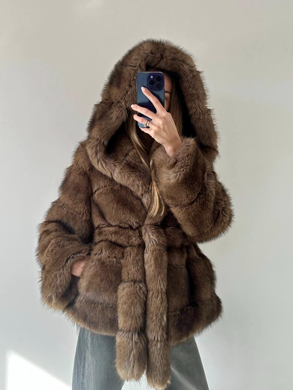 Hooded Brown Faux Sable Fur Coat, Soft Vegan Fur Jacket, Belted Winter ...