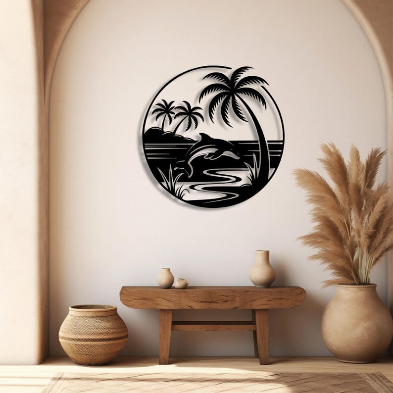 Tropical Dolphin Metal Wall Art, Ocean Wildlife Decor, Palm Tree Beach ...