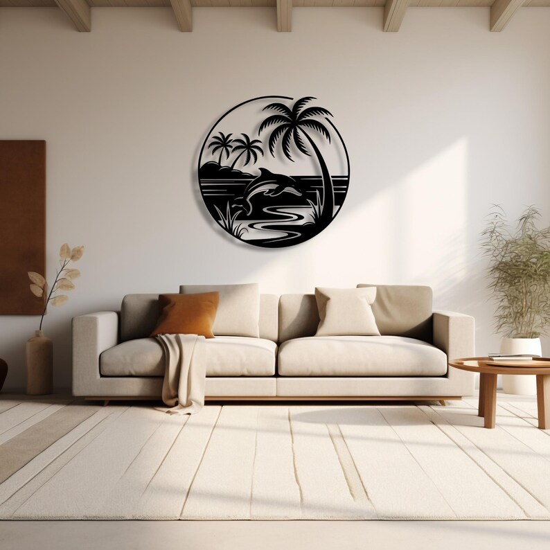 Tropical Dolphin Metal Wall Art, Ocean Wildlife Decor, Palm Tree Beach ...