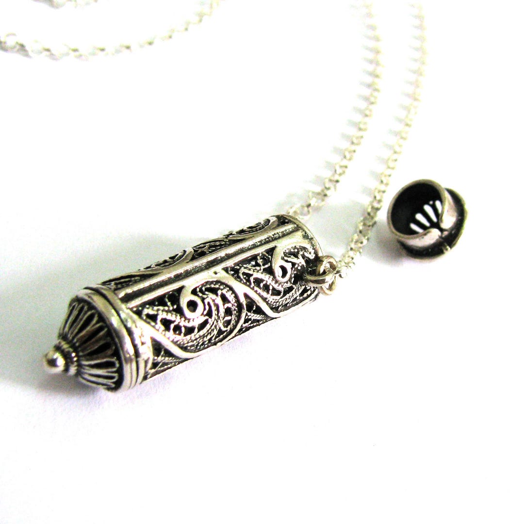 Sterling Silver Filigree Amulet Case Necklace, Silversmith Prayer Box ...