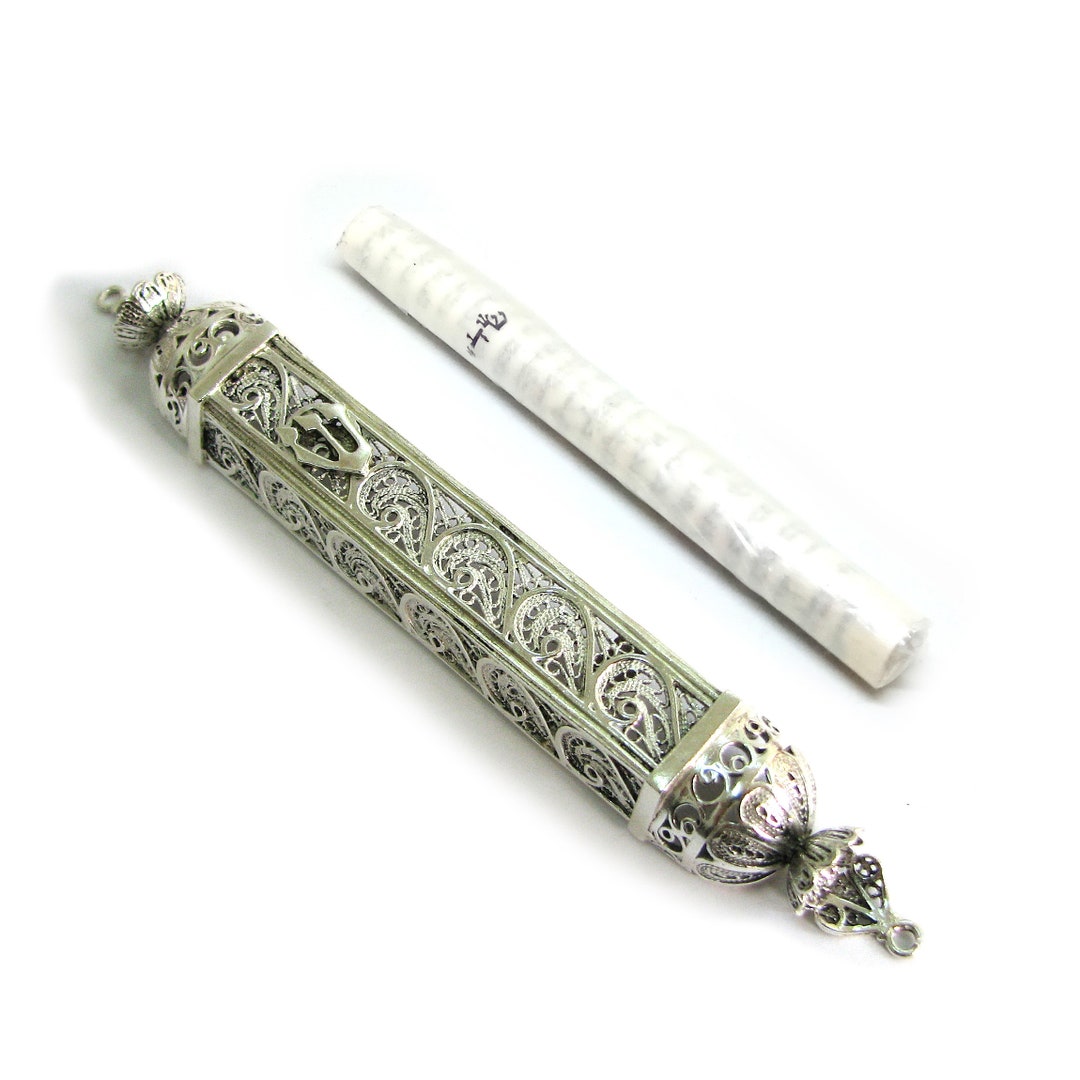 Sterling Silver Filigree Mezuzah Case With Kosher Scroll, Doorpost ...