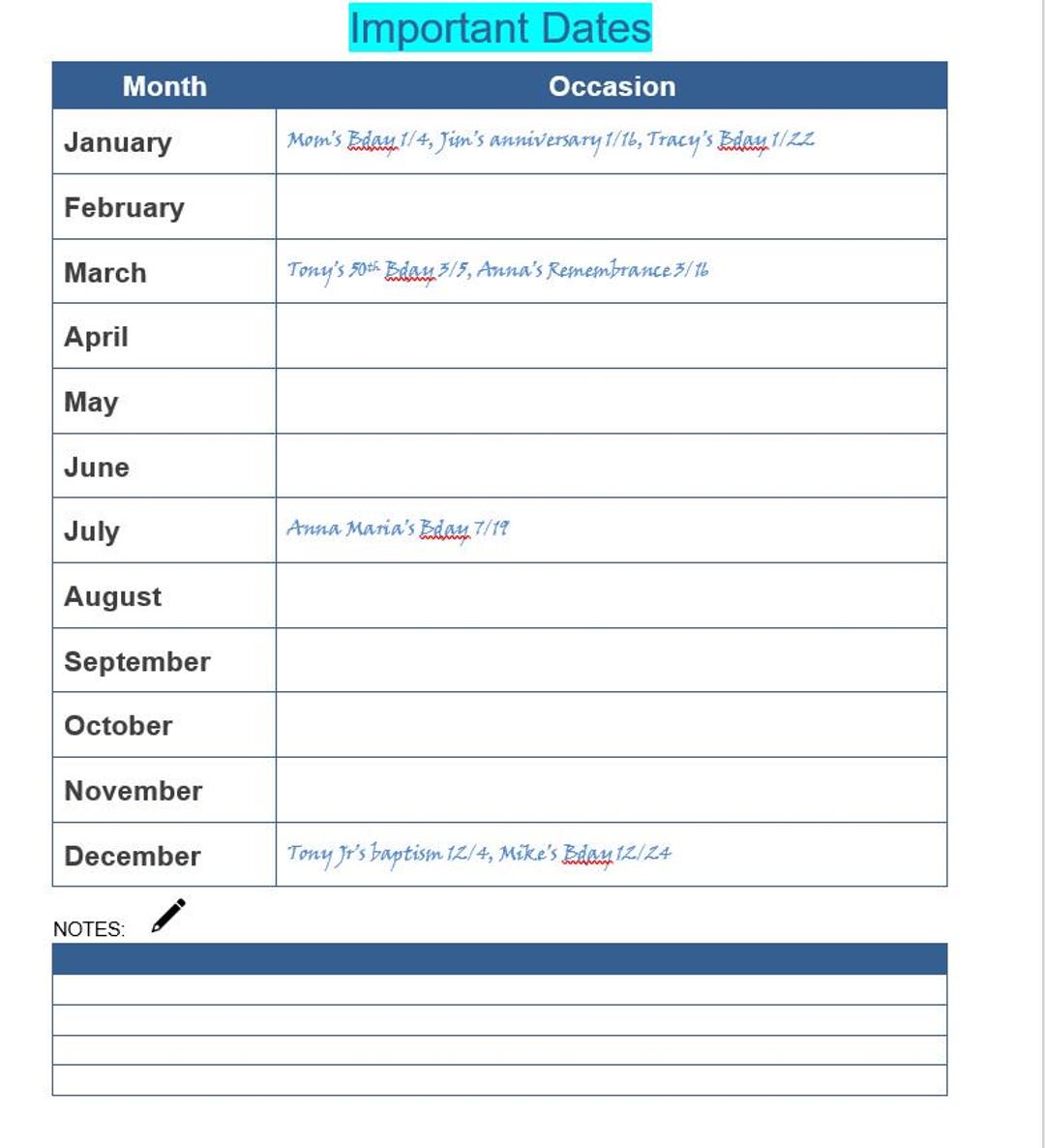 Important Dates - Master Log (digital Download - Pdf and Word) - Etsy