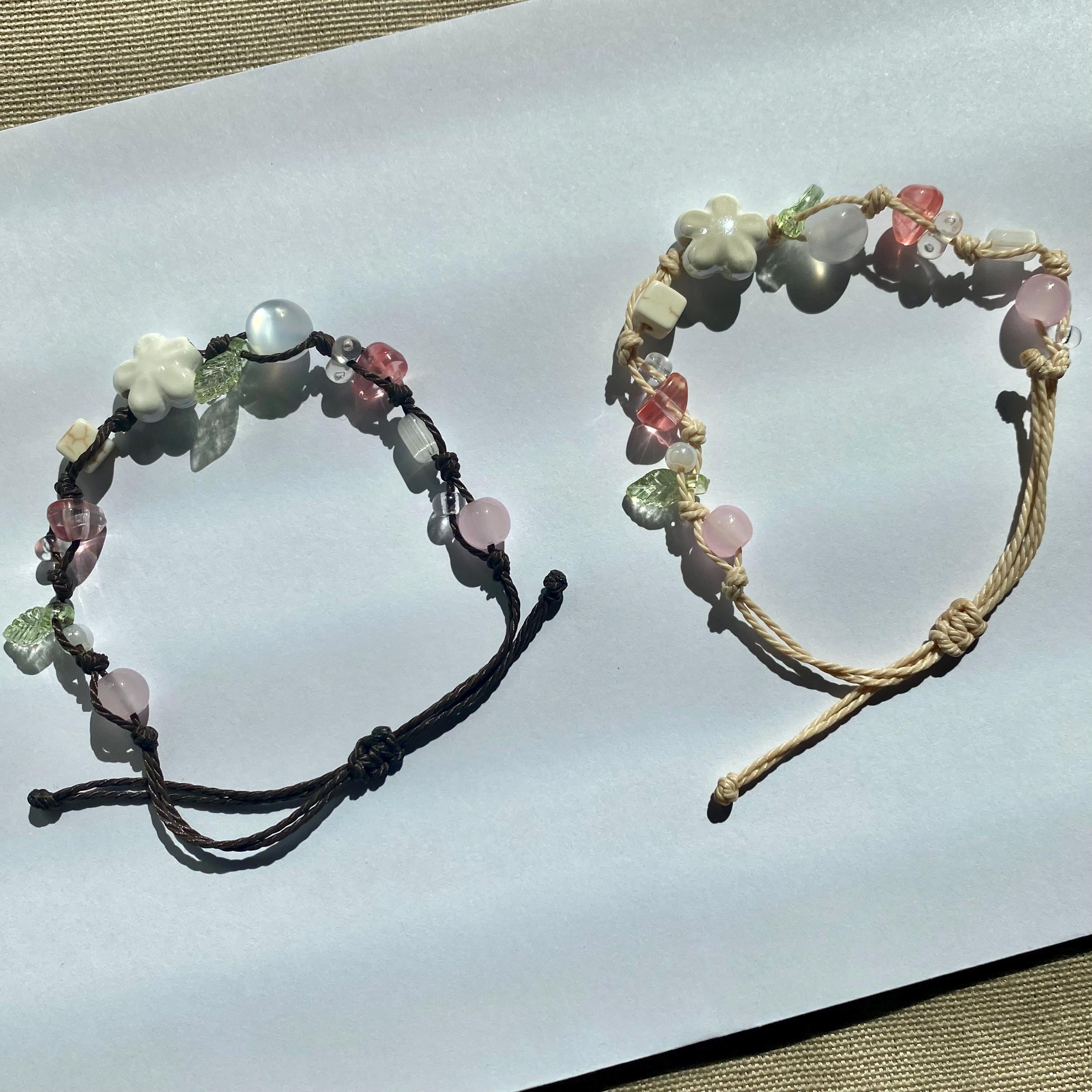 Fairycore Ceramic Flower Bead Bracelet With Adjustable Waxed Cord - Etsy