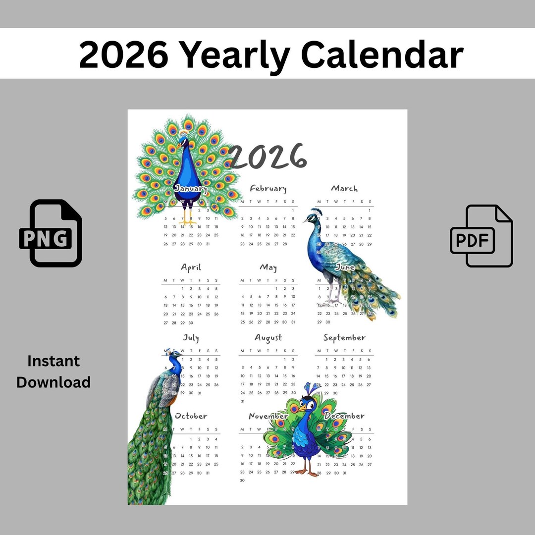 2026 Calendar Single Page Peacock Theme| Desk Calendar | Wall Calendar ...