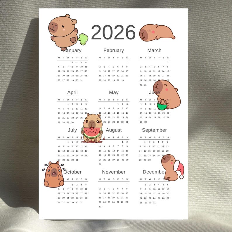 2026 Calendar Single Page Capybara Theme| Desk Calendar | Wall Calendar ...