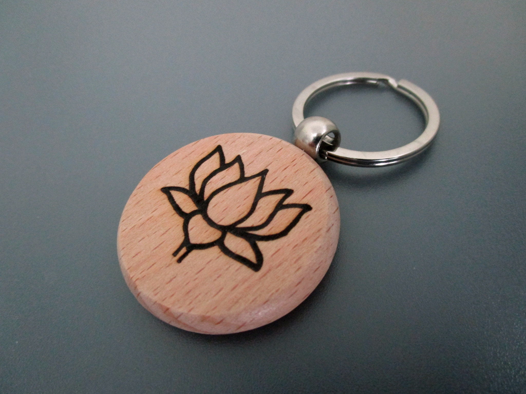 Lotus Flower Keychain / Engraved Wooden Key Ring - Etsy