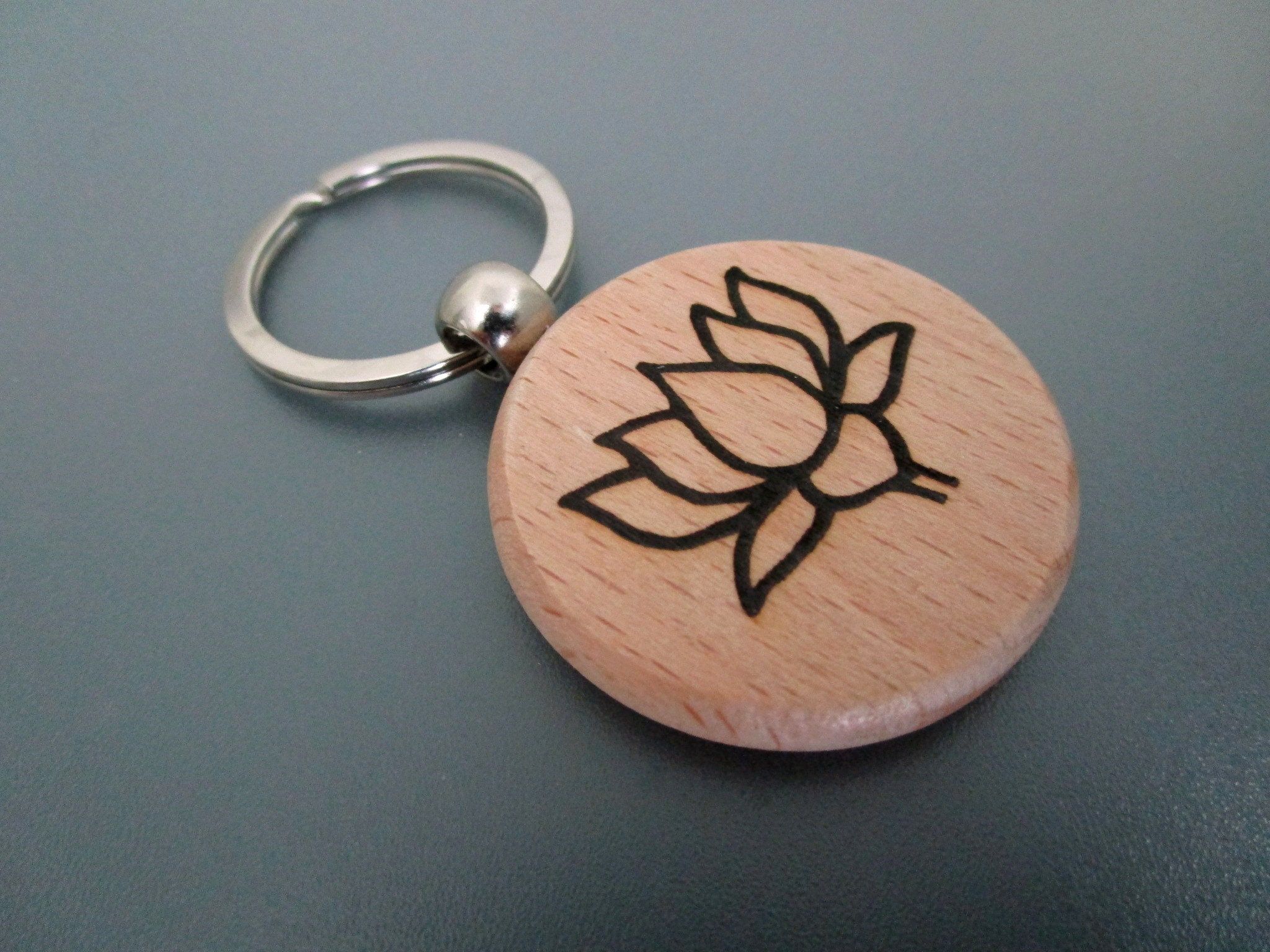 Lotus Flower Keychain / Engraved Wooden Key Ring - Etsy