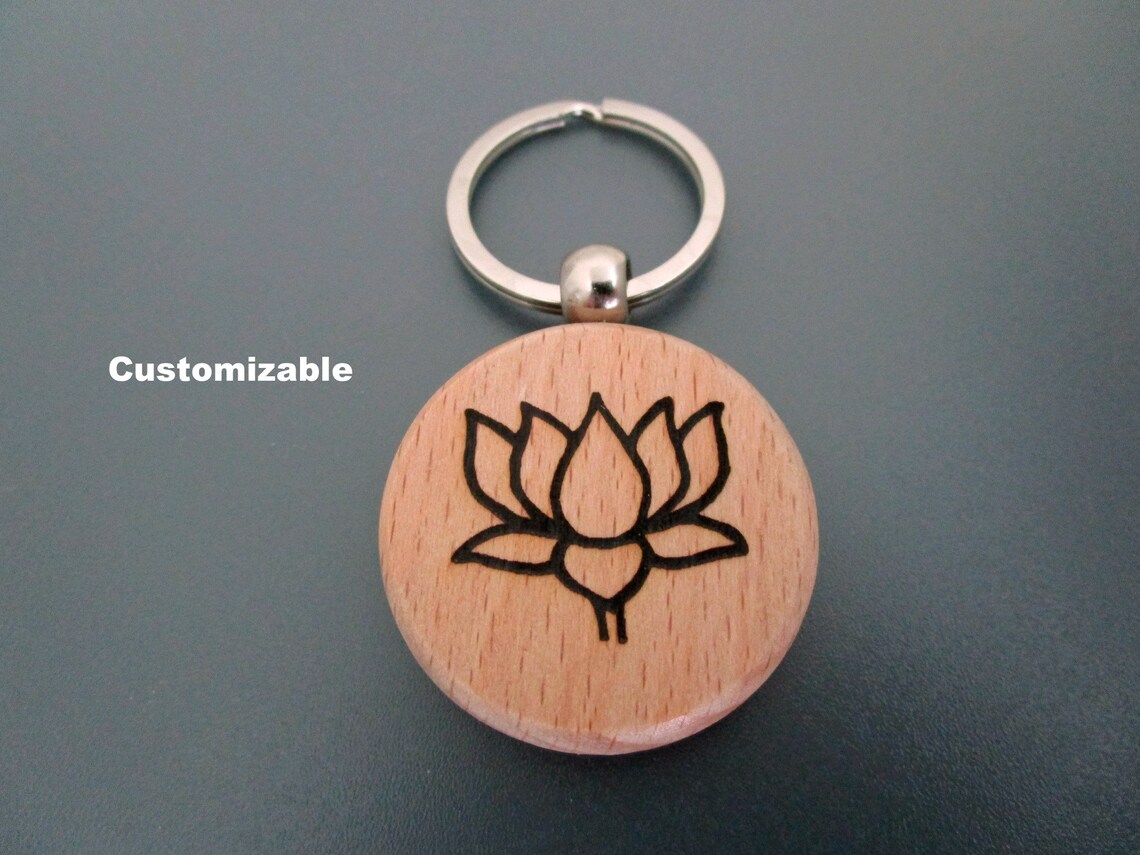 Lotus Flower Keychain / Engraved Wooden Key Ring | Etsy