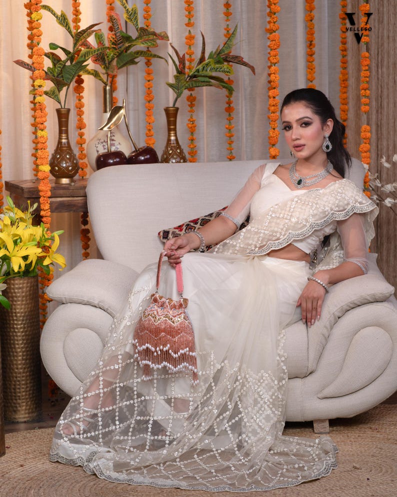 Peach Beaded Potli Bag – Handmade Bridal Purse With Sequins & Pearl ...