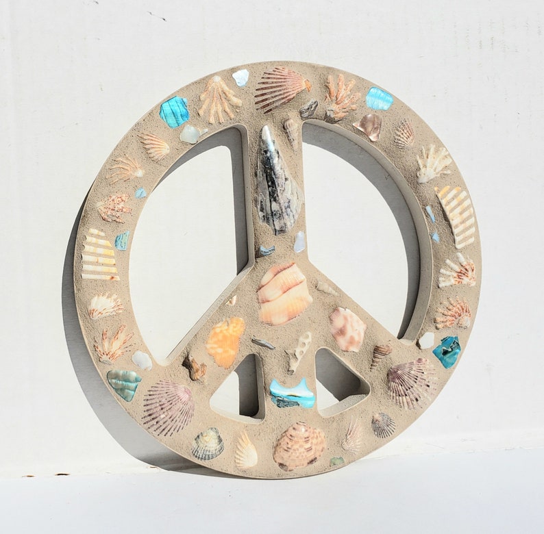 Mosaic Peace Sign Wall Art Seashell Beach House Wall Hanging Coastal ...