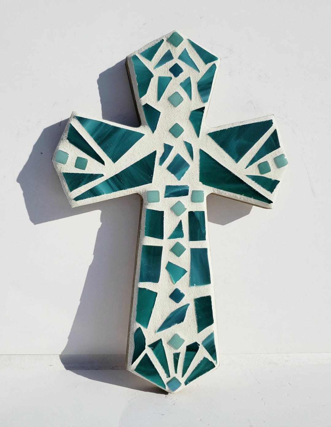 Dark Teal Decorative Mosaic Wall Cross Christian Religious Decor Baptism Christening Spiritual