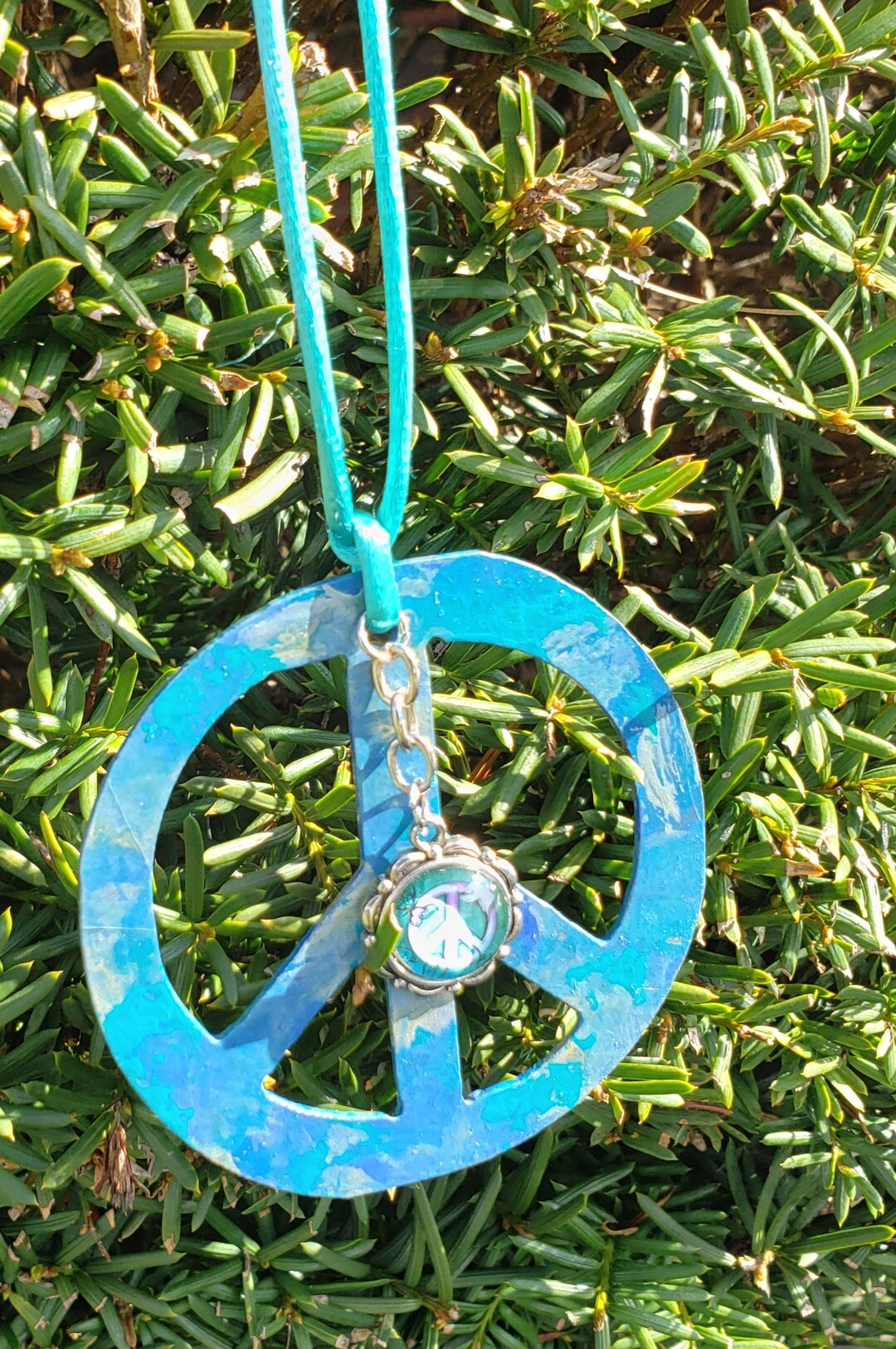 Blue Green Peace Sign Be at Peace Dove Christmas Tree Ornament Rear ...