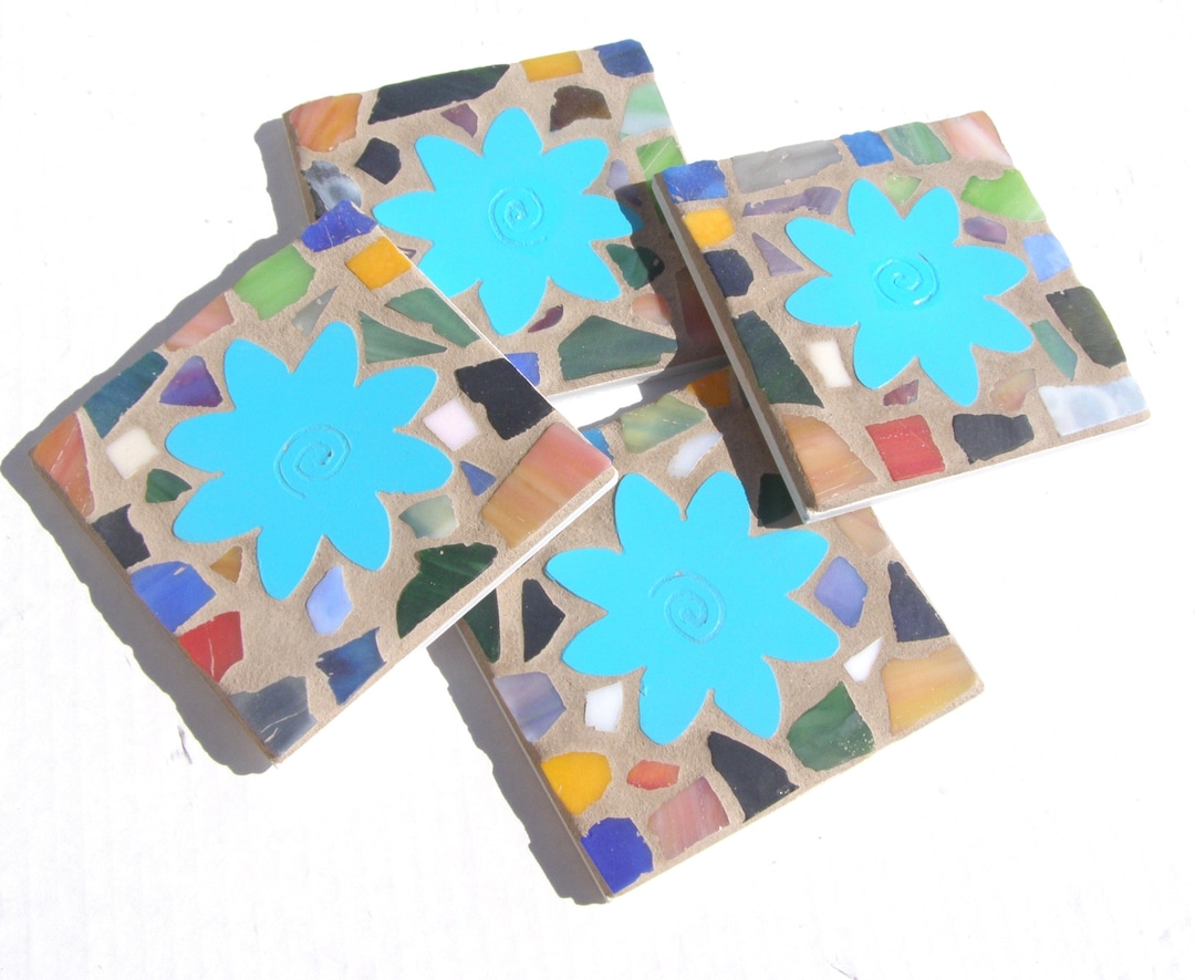 Turquoise Flower Mosaic Coaster Set Gardener Gift for Her Barware ...