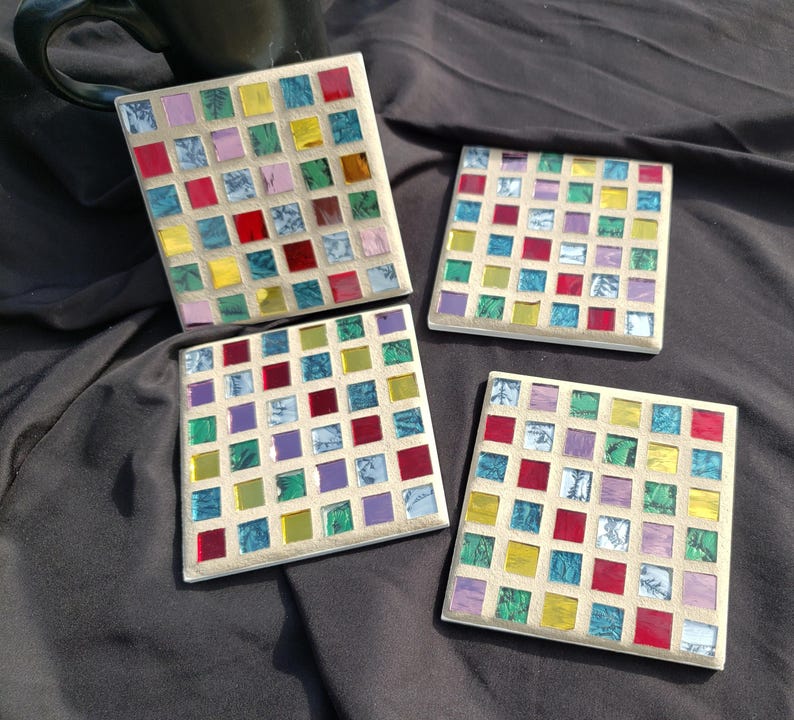 Rainbow Glass Mosaic Coasters Multicolored Barware Serving Drink ...