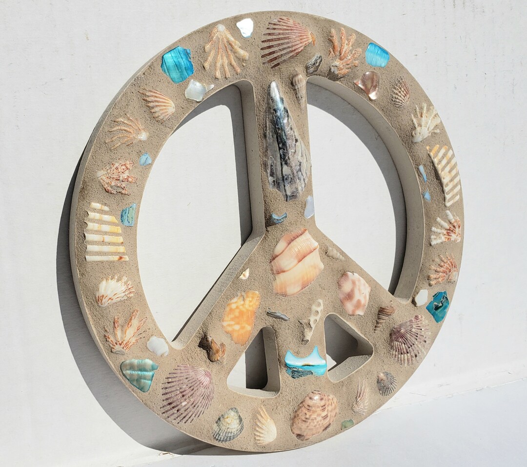 Mosaic Peace Sign Wall Art Seashell Beach House Wall Hanging Coastal ...