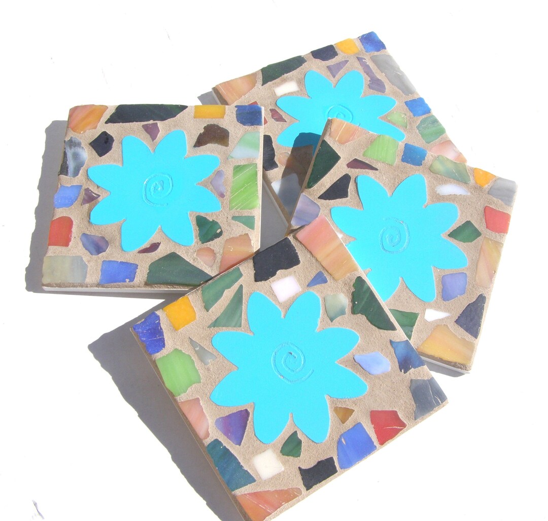 Turquoise Flower Mosaic Coaster Set Gardener Gift for Her Barware ...