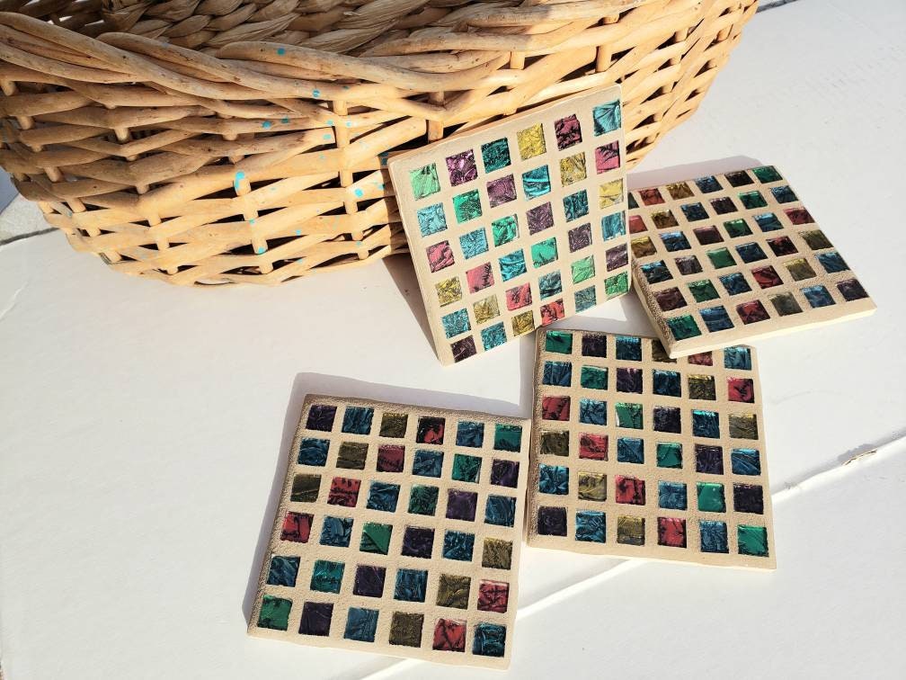 Rainbow Glass Mosaic Coasters Multicolored Barware Serving Drink ...