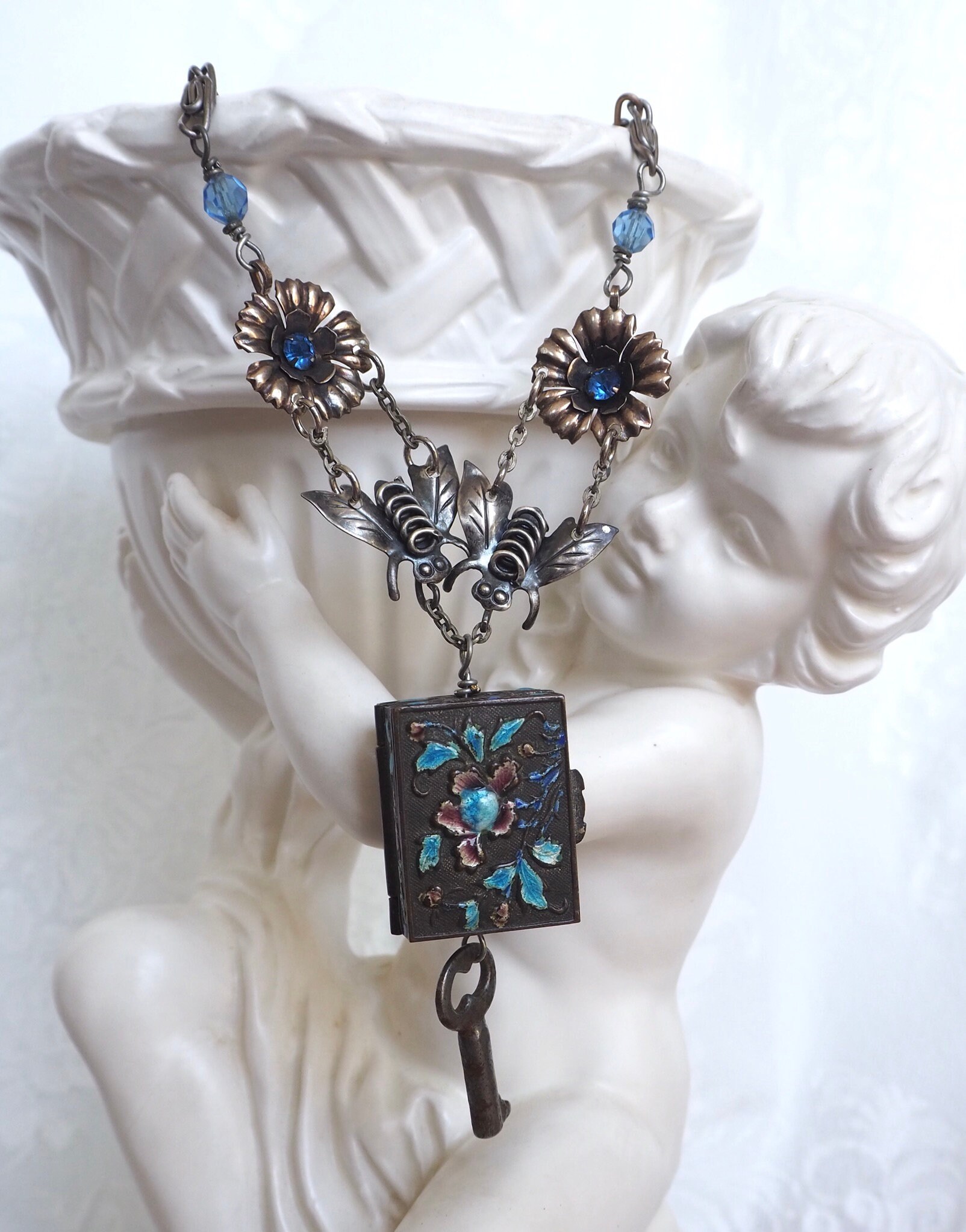 Vintage Snuff Box Necklace Blue Enamel Floral Locket Bee, Insect ...