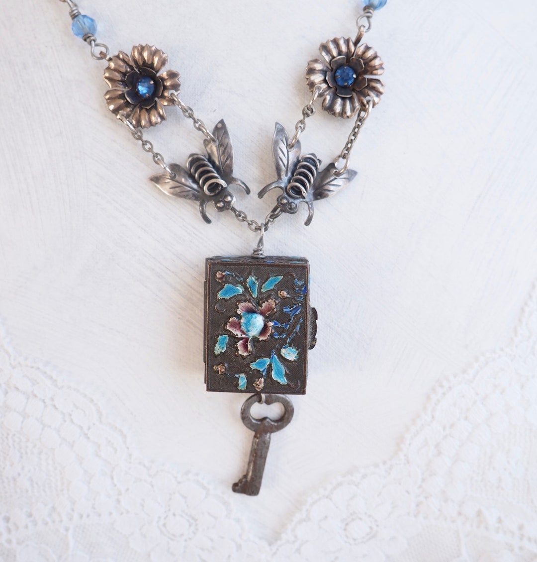 Vintage Snuff Box Necklace Blue Enamel Floral Locket Bee, Insect ...