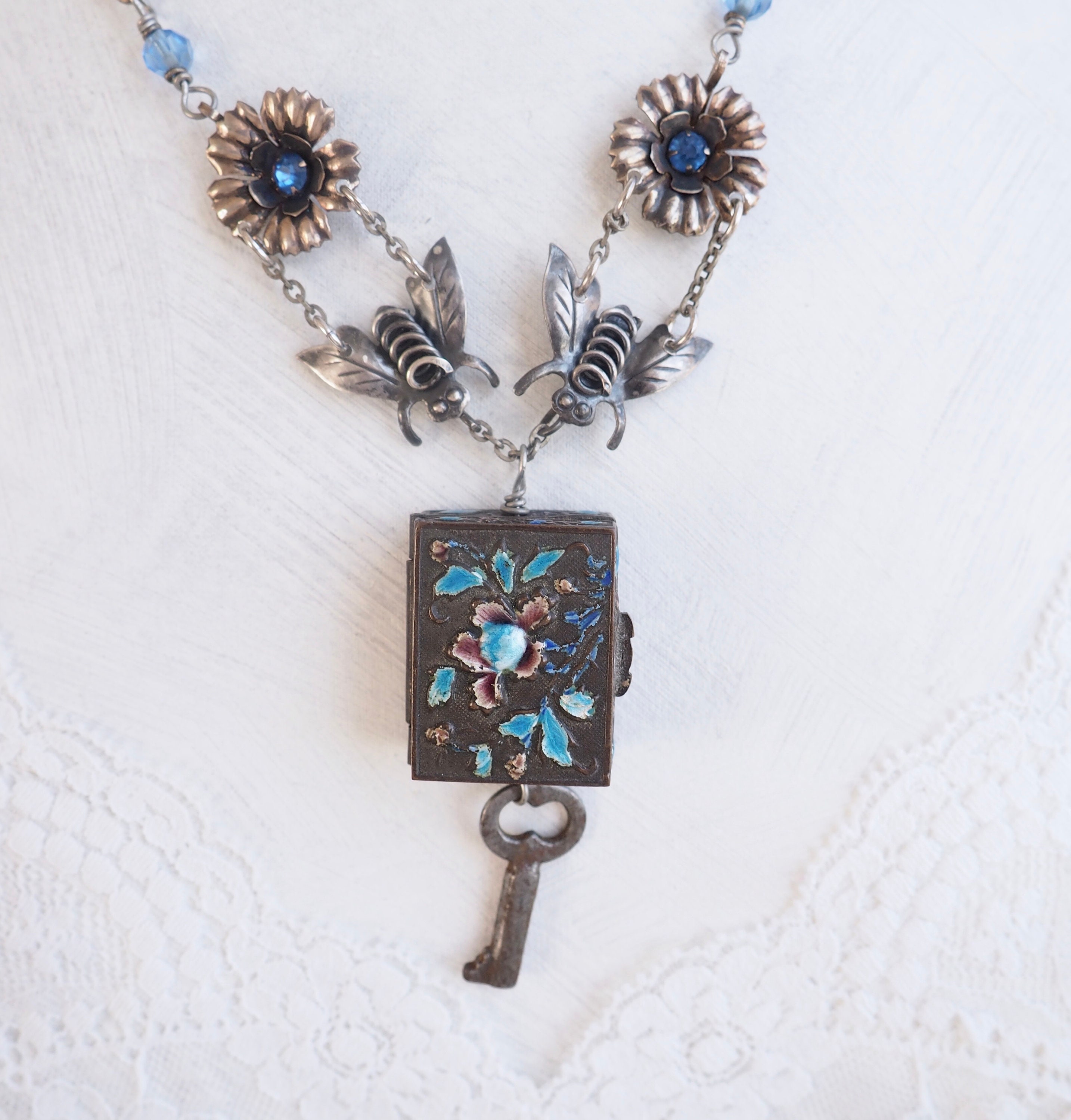 Vintage Snuff Box Necklace Blue Enamel Floral Locket Bee, Insect ...