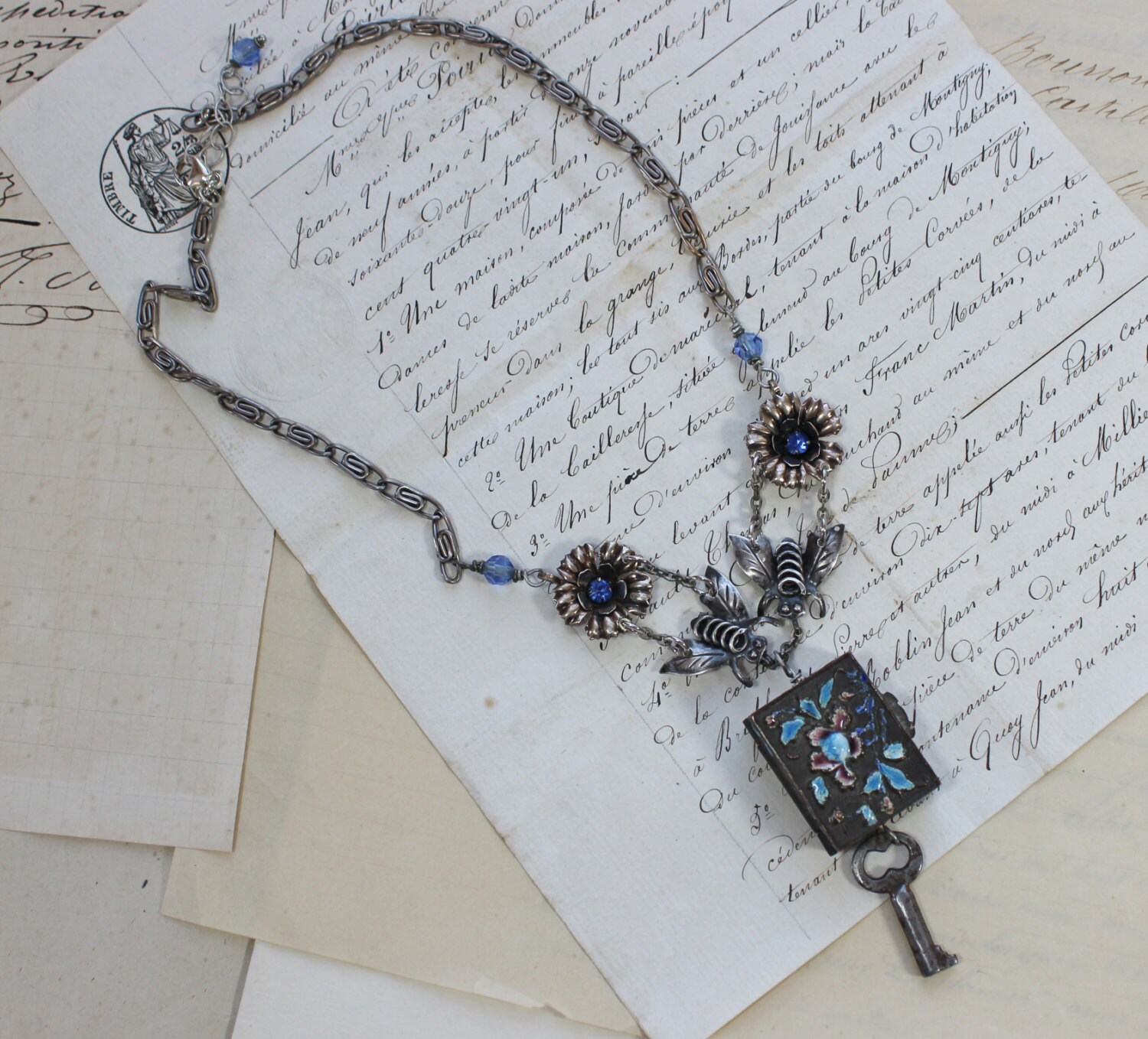 Vintage Snuff Box Necklace Blue Enamel Floral Locket Bee, Insect ...