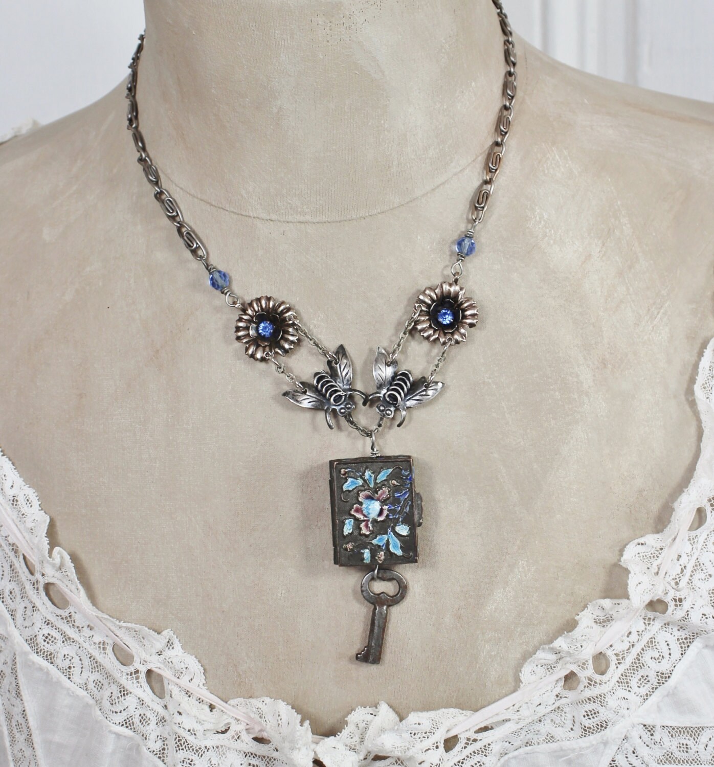 Vintage Snuff Box Necklace Blue Enamel Floral Locket Bee, Insect ...