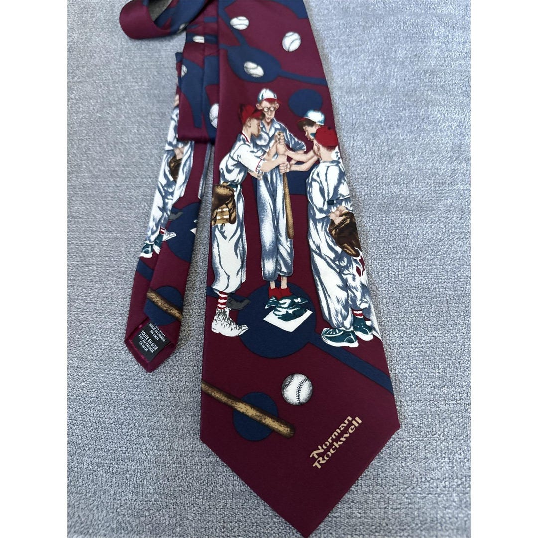 Y2K VTG Norman Rockwell Baseball Theme Silk Necktie by Brown & Bigelow ...