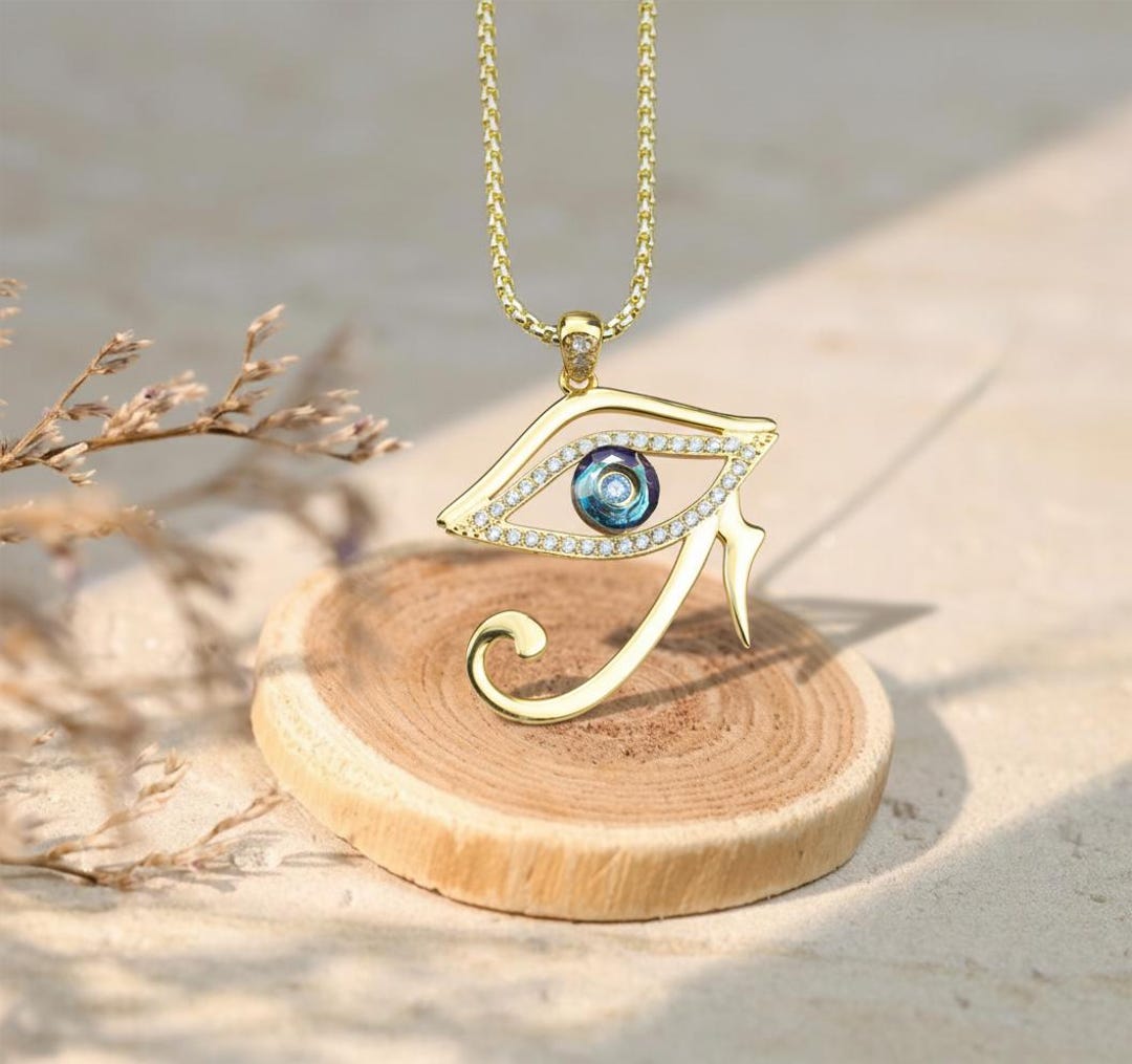 Eye of Horus Necklace, Gold Egyptian Eye Pendant With Blue Crystal ...
