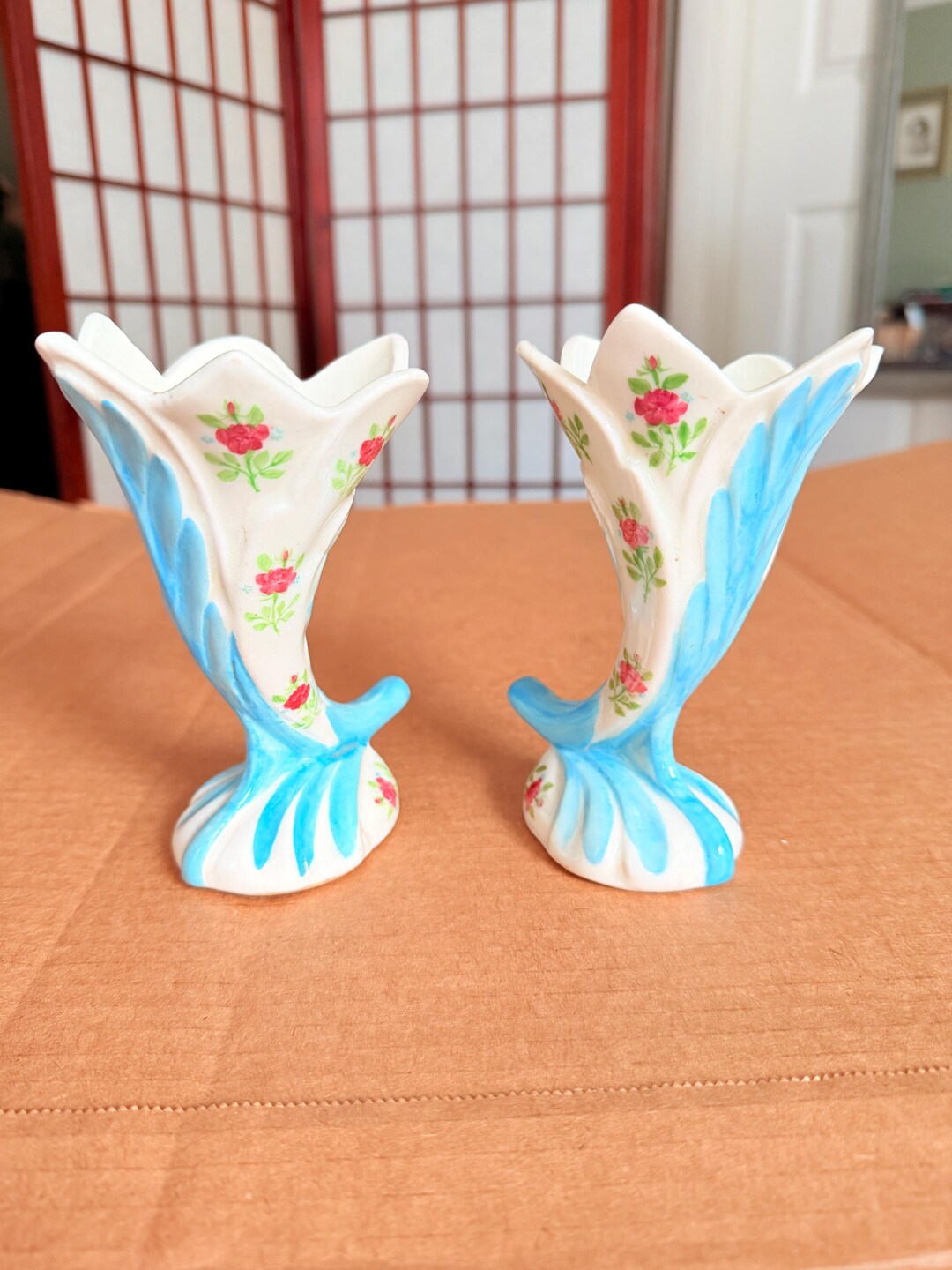 Vintage 1950s USA Pottery Cornucopia Vases Pair, Turquoise Floral Horn ...