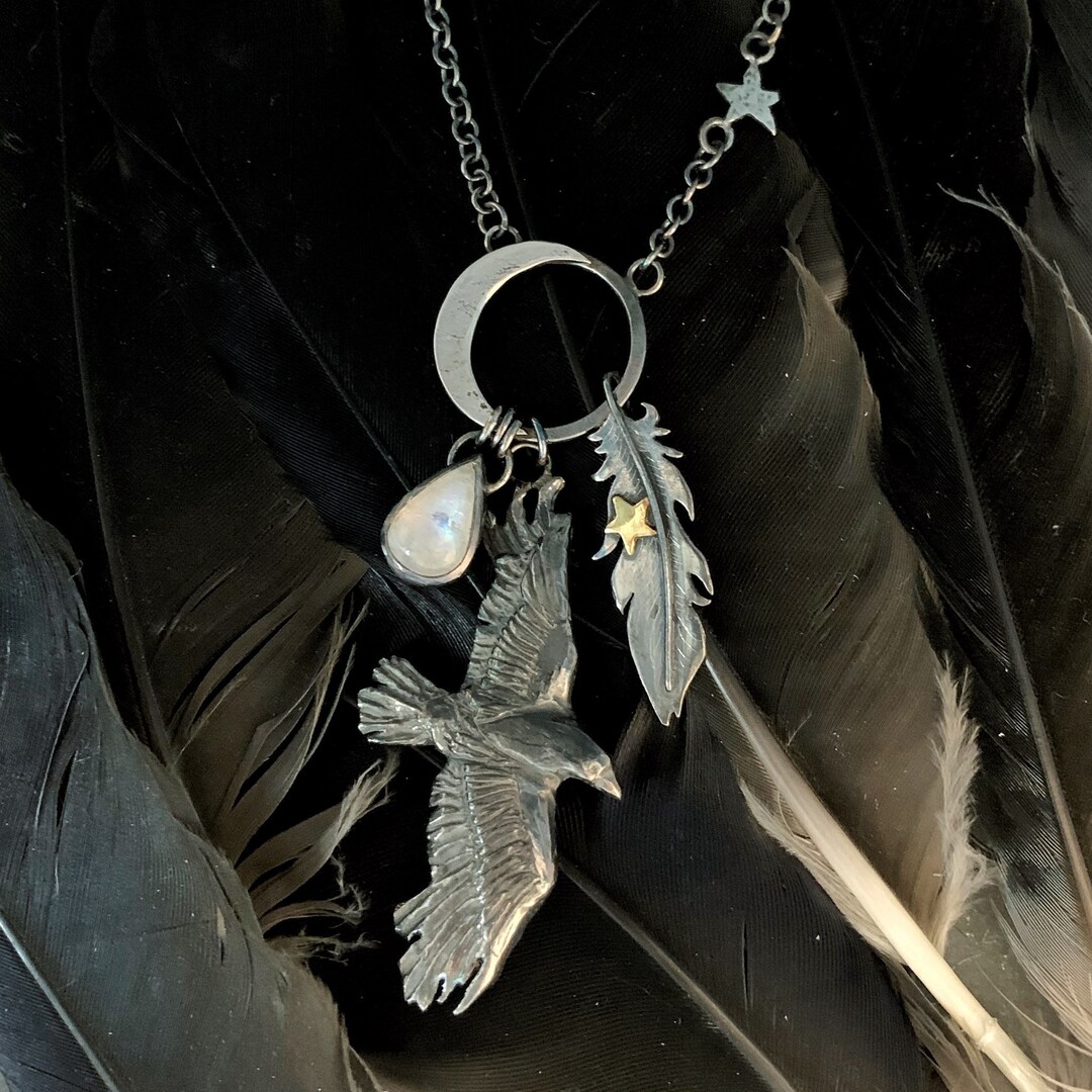 Moon Raven Necklace ,crow ,feather, raven, silver raven, raven ...