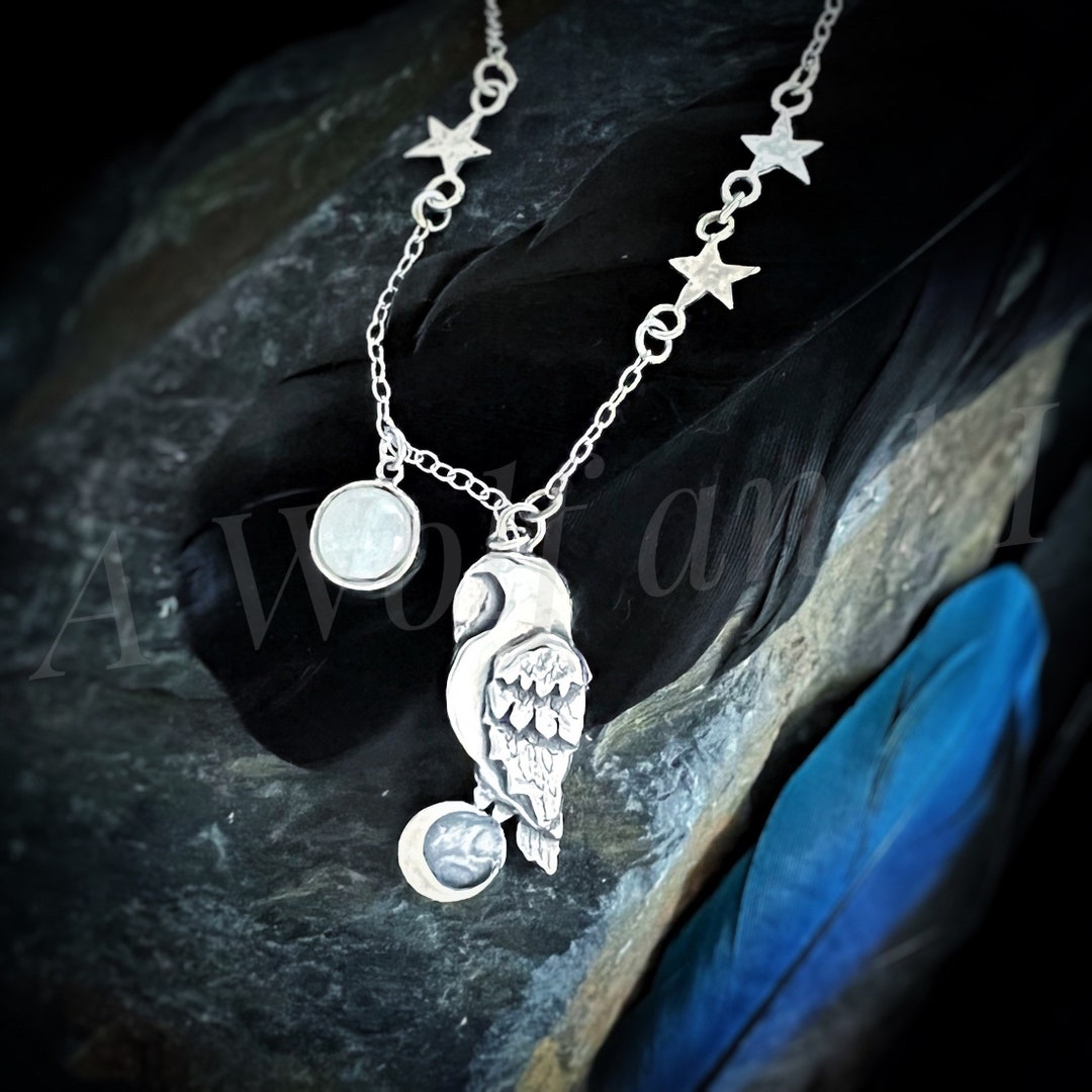 Silver Barn Owl Necklace, Moonstone and Stars Chain, Handmade Owl ...