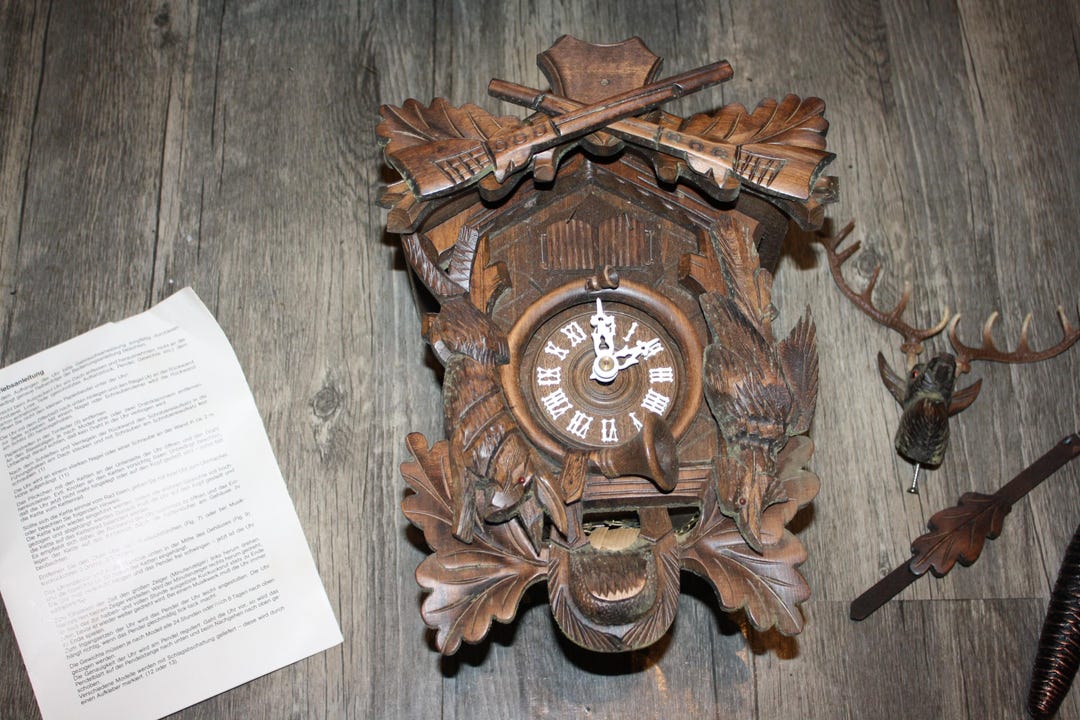 Vintage Germany German Black Forest Carved Wood After the Hunt Cuckoo ...