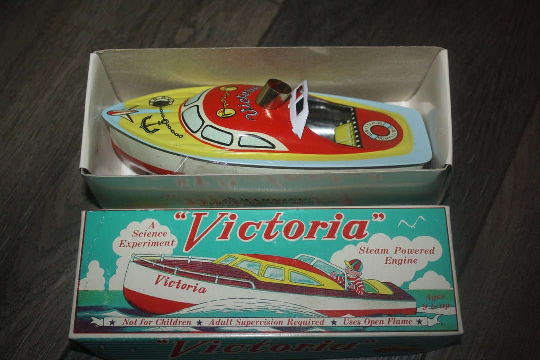 Vintage Schylling Victoria Steam Powered Tin Litho Toy Boat in Original ...