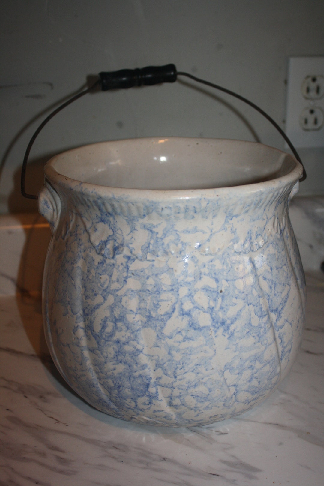 Antique Spongeware Sponge Ware Bail Handle Pottery Slop Pail Jar ...