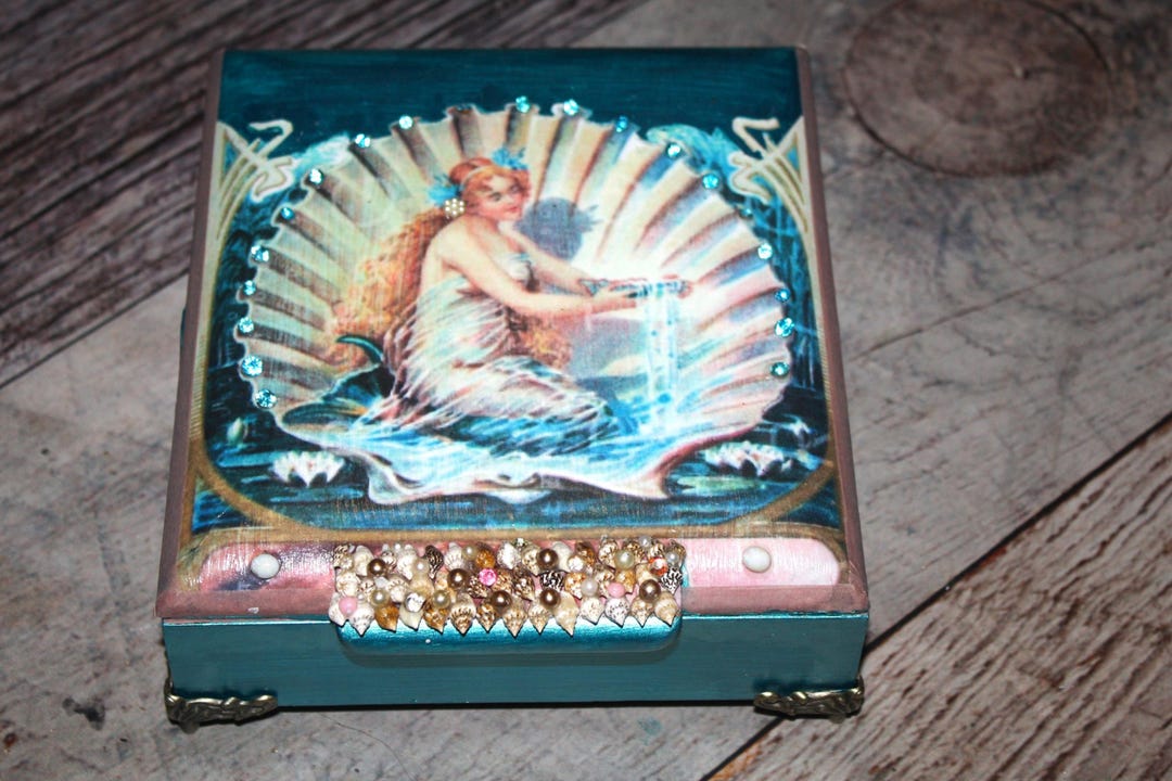 Vintage Wooden Repurposed Decoupage Jeweled Mermaid Jewelry Box With ...