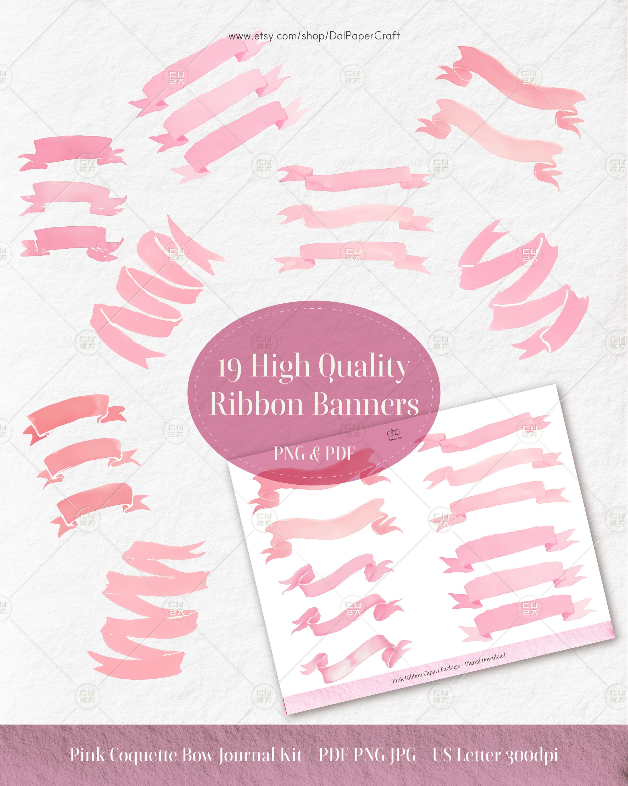 Pink Ribbon Watercolor Ribbon Clip Art Bundle | Banners, Frames and ...