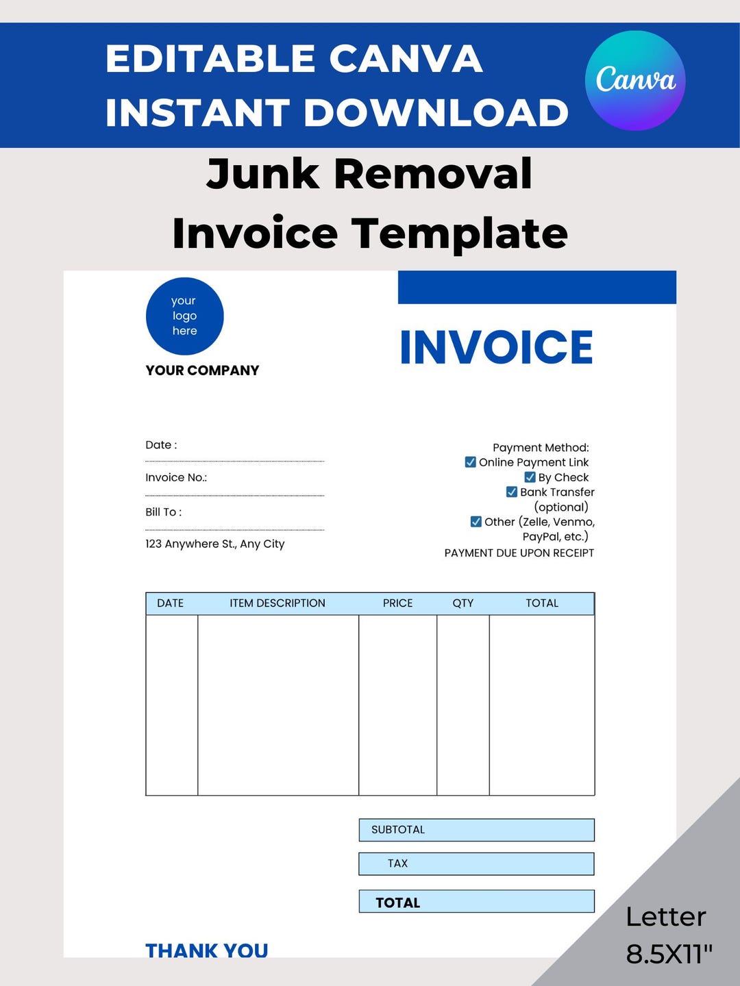 Junk Removal Invoice Template: Editable Business Form | Canva | Instant ...