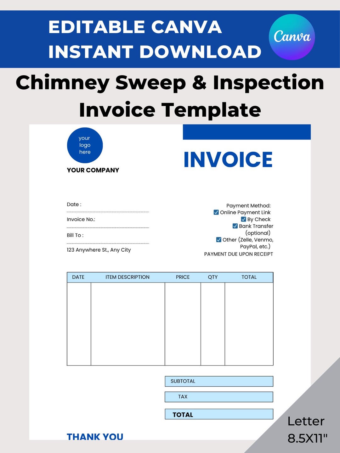 Chimney Sweep & Inspection Invoice Template: Editable Business Form ...