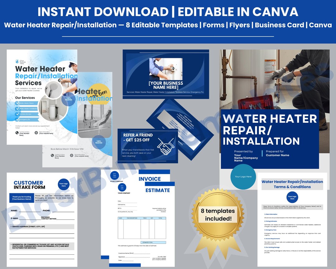 Water Heater Repair / Installation Business Templates | Editable Forms ...