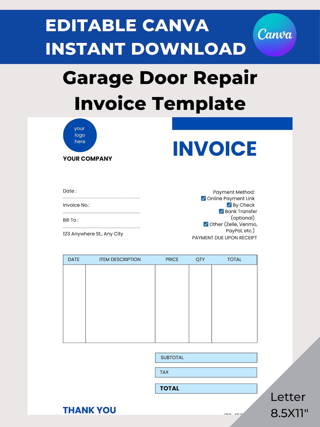 Garage Door Repair Invoice Template: Editable Business Form | Canva ...