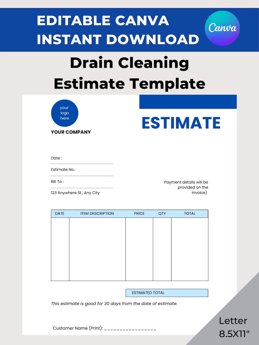 Drain Cleaning Estimate Template: Business Quote (canva, Digital ...