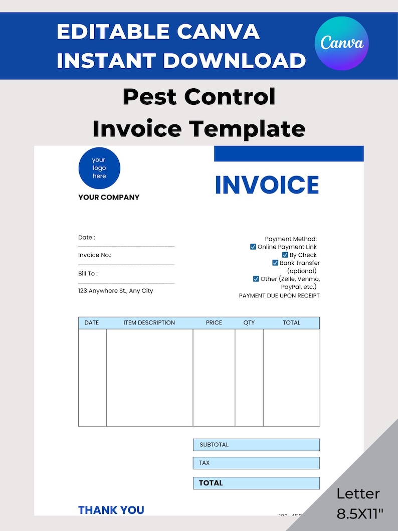Pest Control Invoice Template: Editable Business Form | Canva | Instant ...