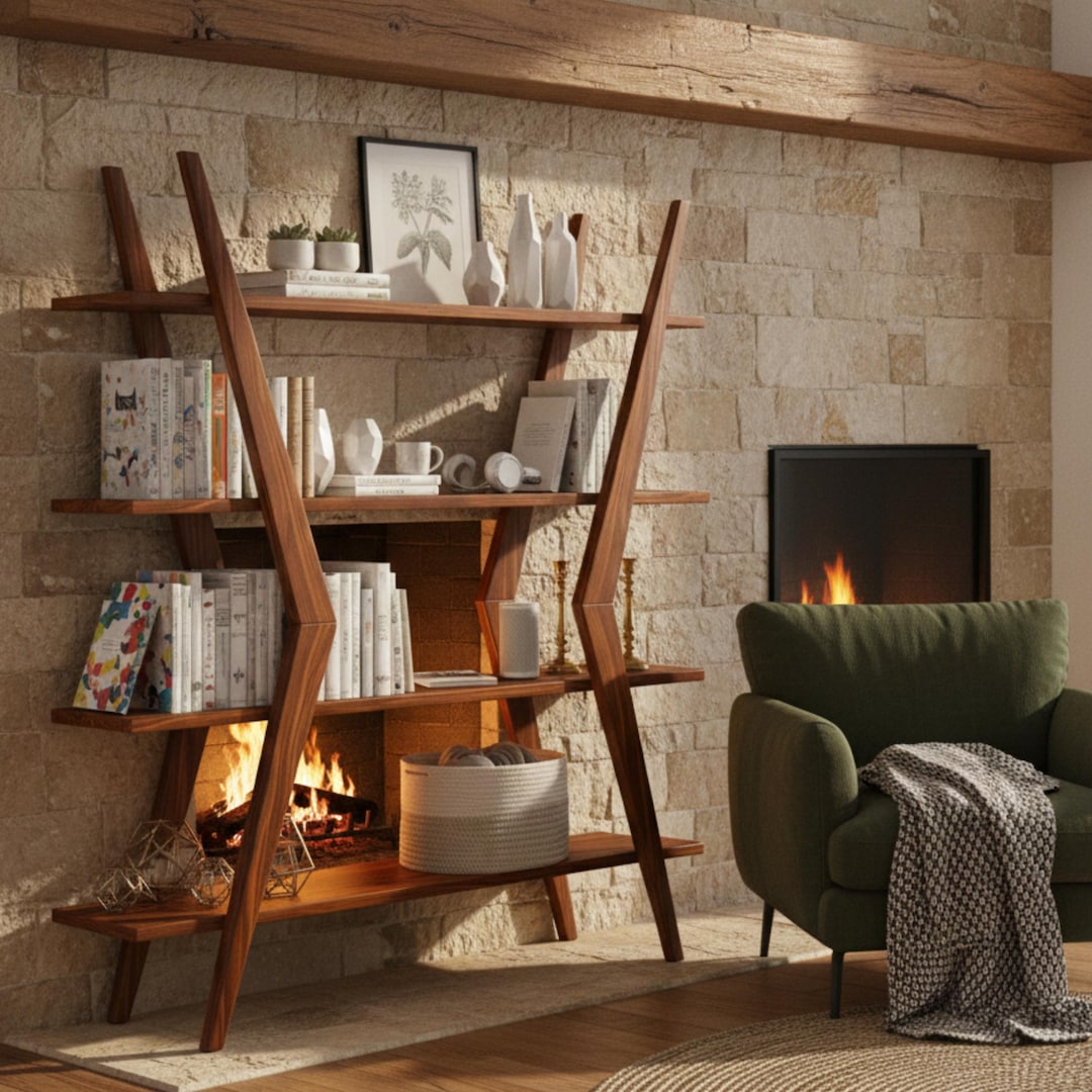 Modern Z Shape Wooden Bookshelf – Handmade First-class Natural Solid ...