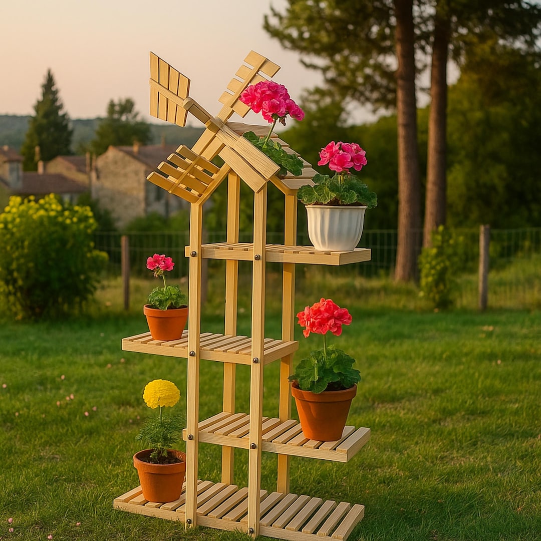 Rustic Wooden Plant Stand With Decorative Windmill - Etsy