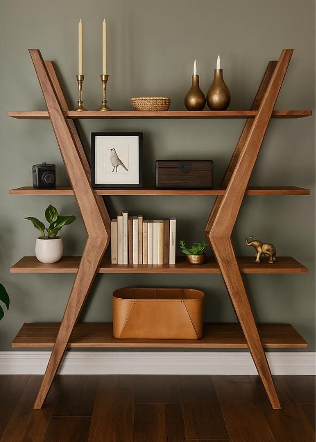 Modern Z Shape Wooden Bookshelf – Handmade First-class Natural Solid ...