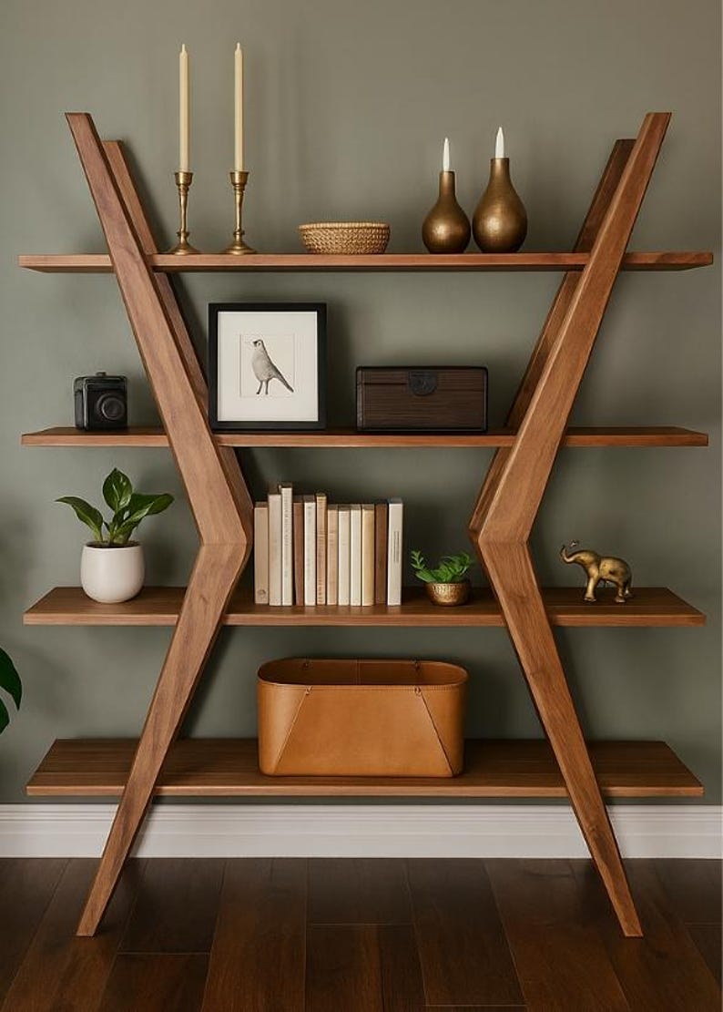 Modern Z Shape Wooden Bookshelf – Handmade First-class Natural Solid ...